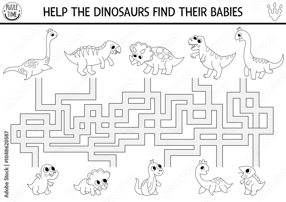 Dinosaur black and white maze for kids with cute animals and their ...