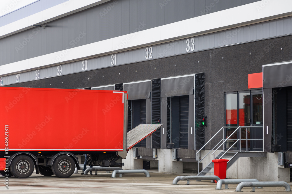 Red delivery truck at a modern distribution center with loading docks ...