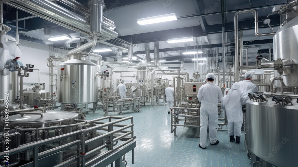 An inside view of a dairy processing plant with large stainless steel ...