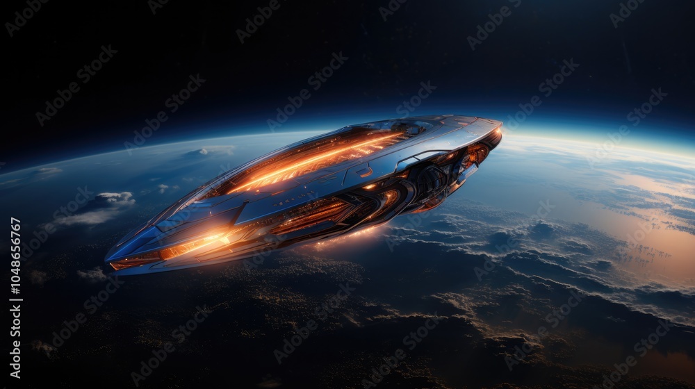 A titanium spacecraft re-entering Earth's atmosphere, its hull glowing ...