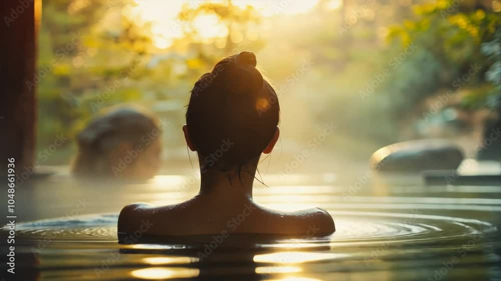 Woman immersing herself in a traditional Japanese sento or onsen ...