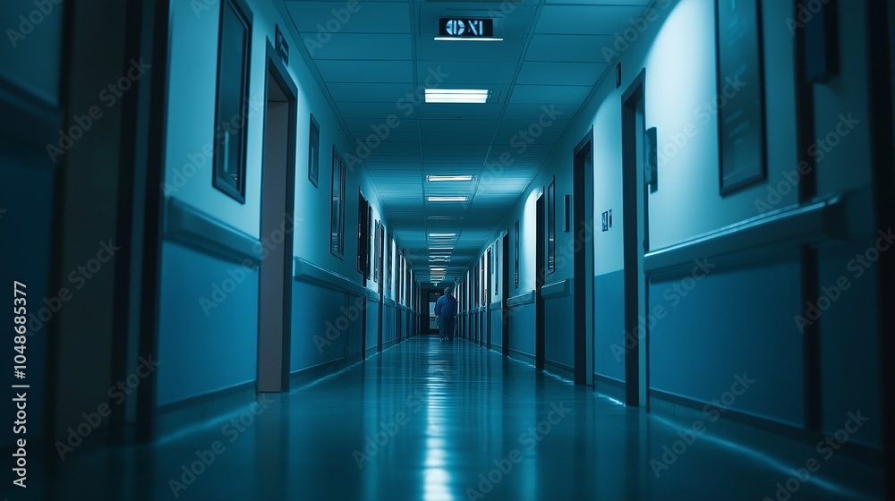 hospital corridor at night, with dimmed lighting and the soft glow of ...