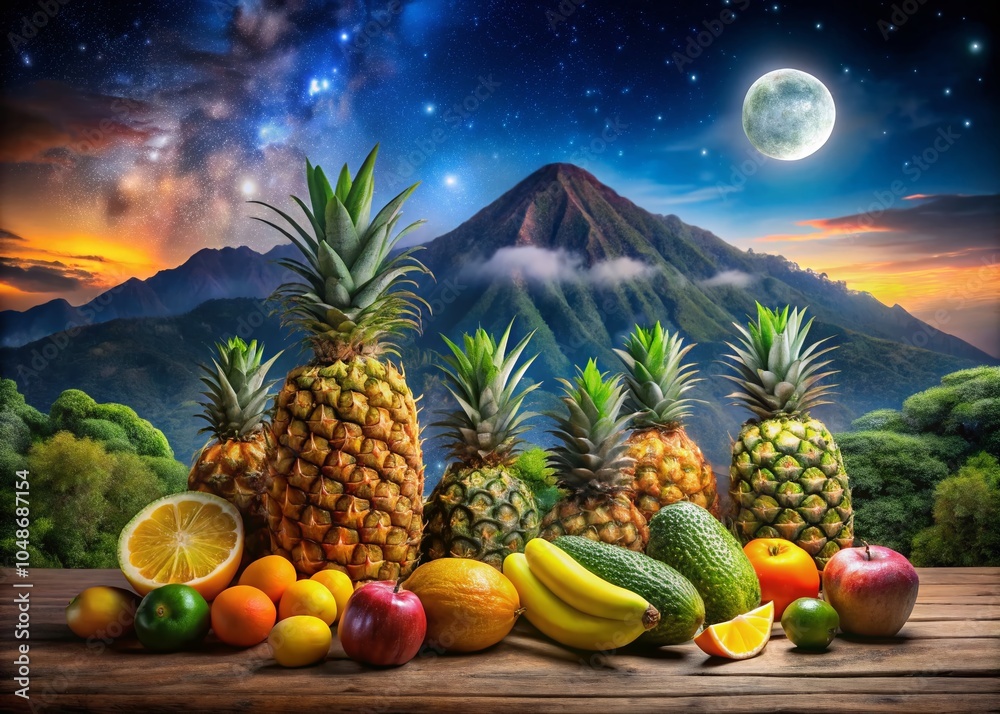 Tropical Fruits Night Photography with Mountain Background for Web ...
