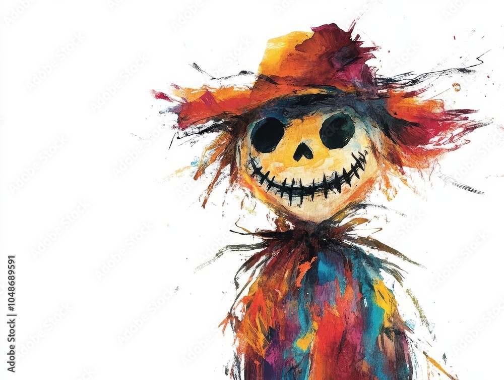 sinister scarecrow with exaggerated facial features, painted in vibrant ...