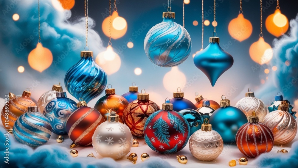 Brightly colored Christmas decorations in a variety of shapes and sizes ...