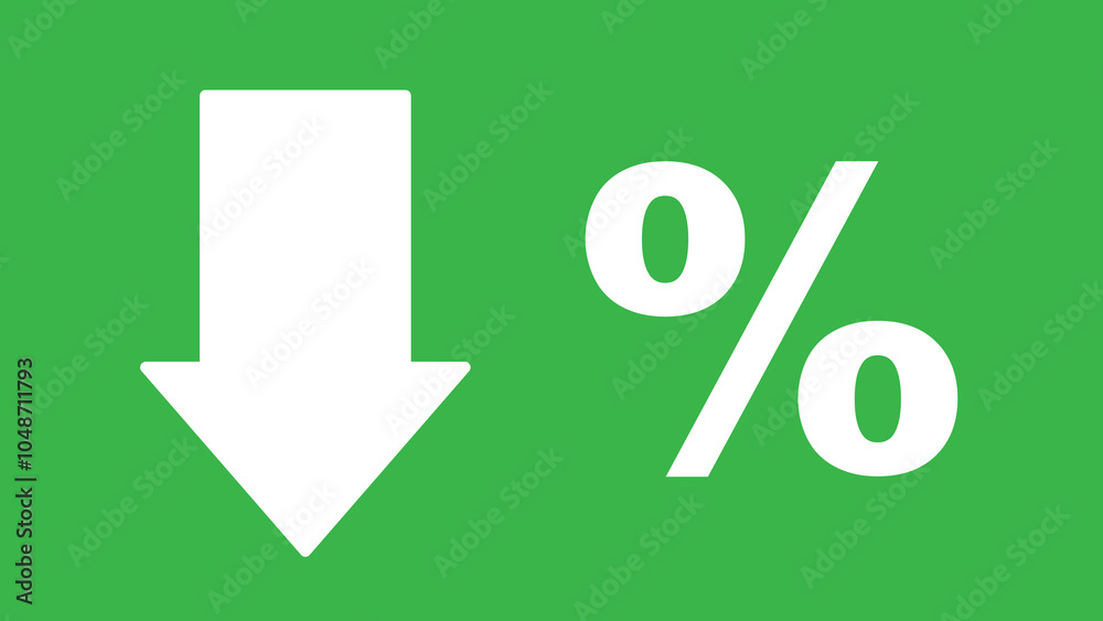 Decreasing percentage concept. A bold downward arrow next to a ...
