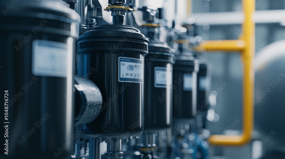 Close-up of industrial filters and piping system, showcasing a well ...