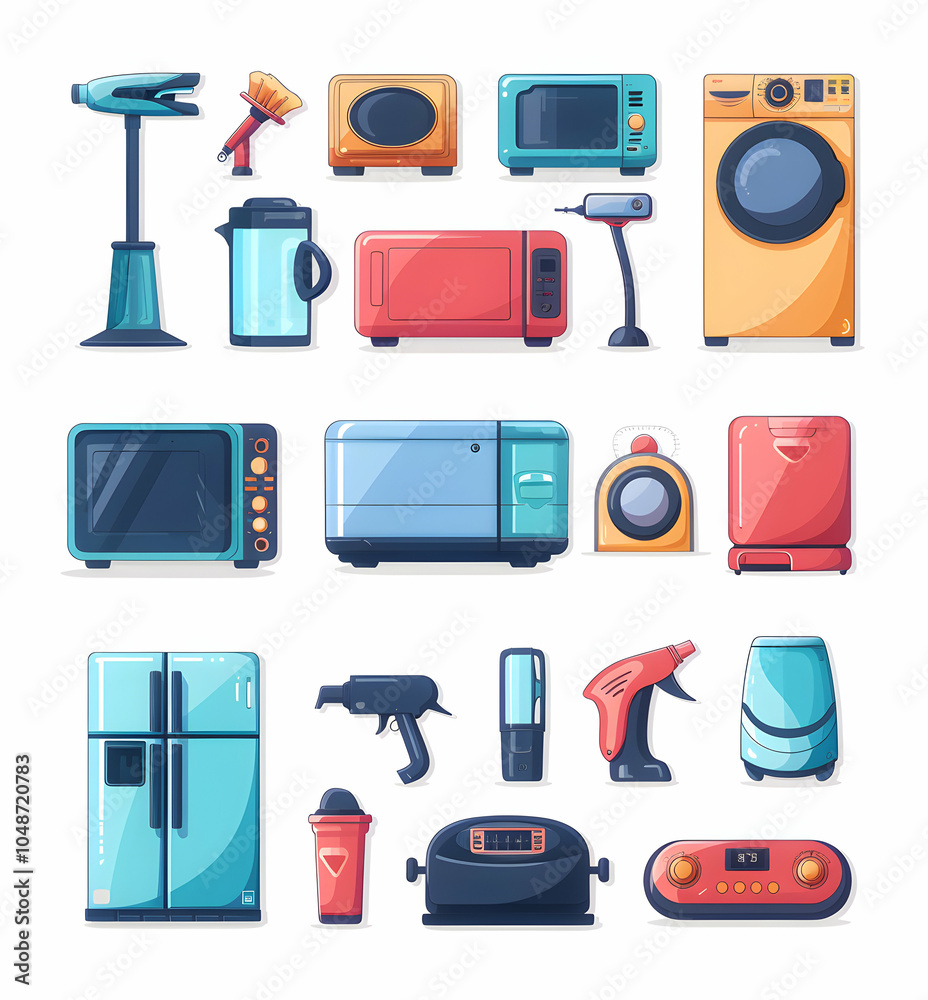 Collection of cartoon home appliances, including a hairdryer, microwave ...