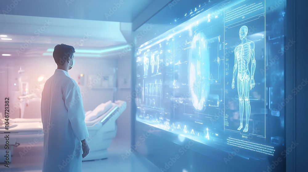 A doctor in a futuristic clinic uses AI-generated holographic ...