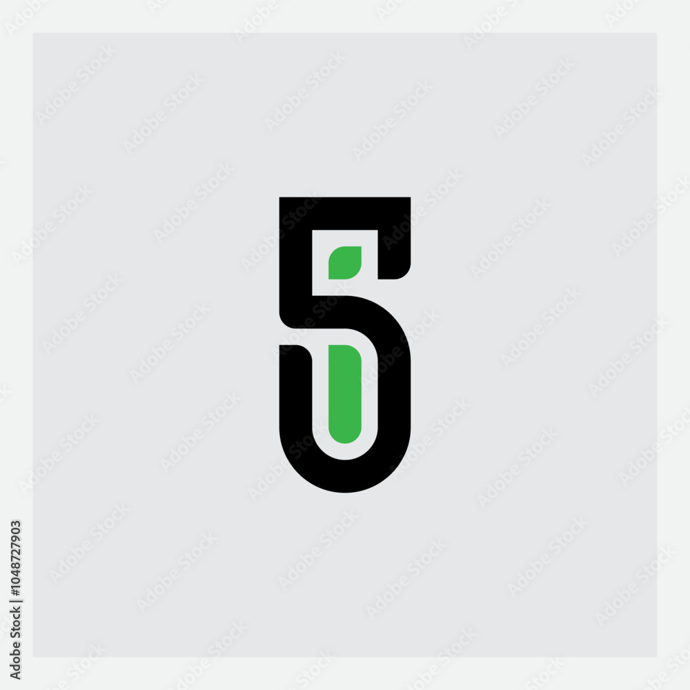Stylish Number Five Logo with Organic Accent. Black and Green Minimal ...