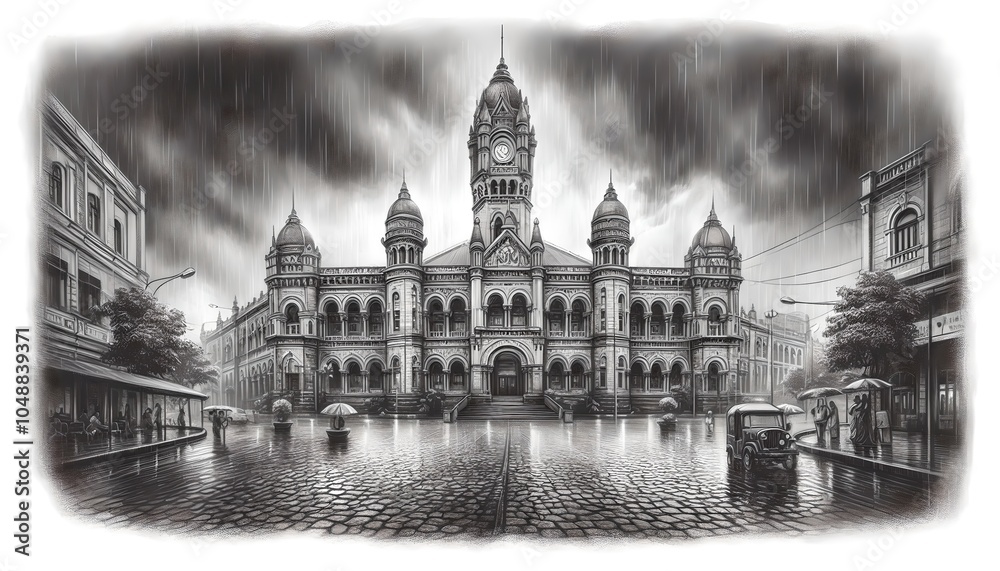 Charcoal Drawing of Bangalore’s Historic Town Hall with Rainy Sky and ...