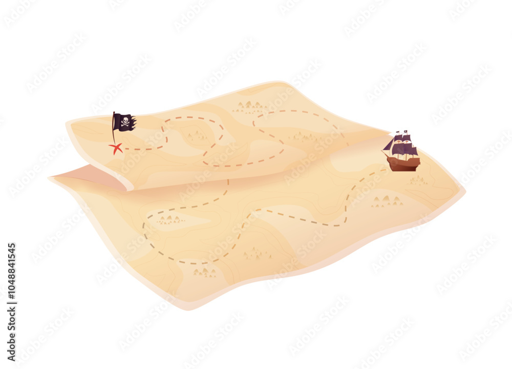 Pirate map with pirate ship and skull and crossbones flag. Route to red ...