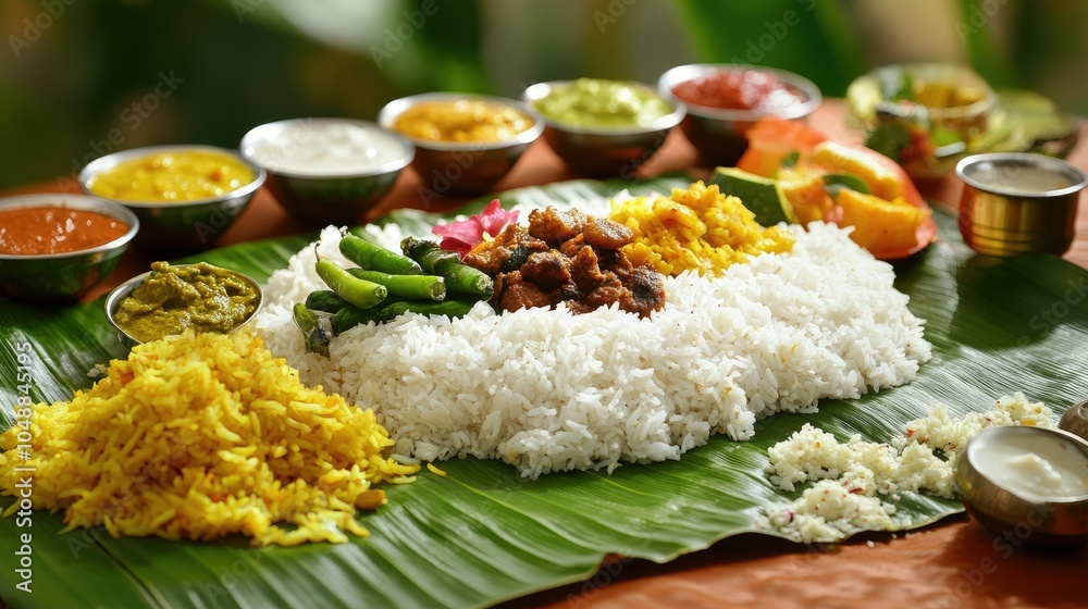 Onam sadhya rice arranged on a banana leaf, surrounded by colorful ...