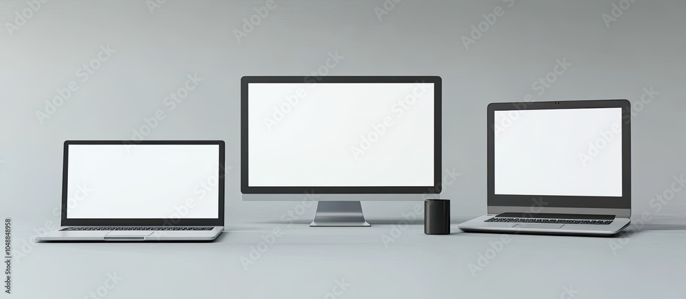 Three blank screen devices, a desktop monitor, and a laptop on the left ...