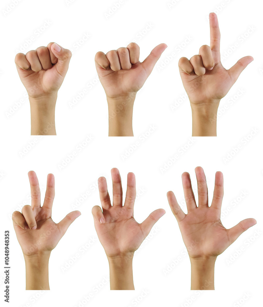 A sequence of hand gestures demonstrating numbers one through five ...