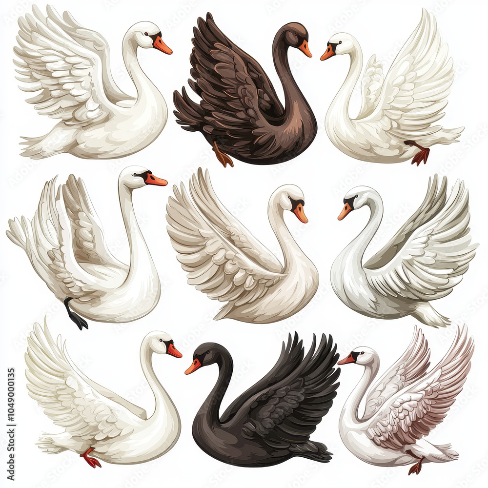 Swan illustrations featuring various types of swans in different poses ...