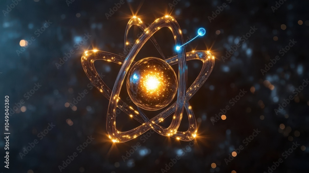 Atomic Structure Visualization with Bright Glowing Electron Orbits and Central Nucleus on ...