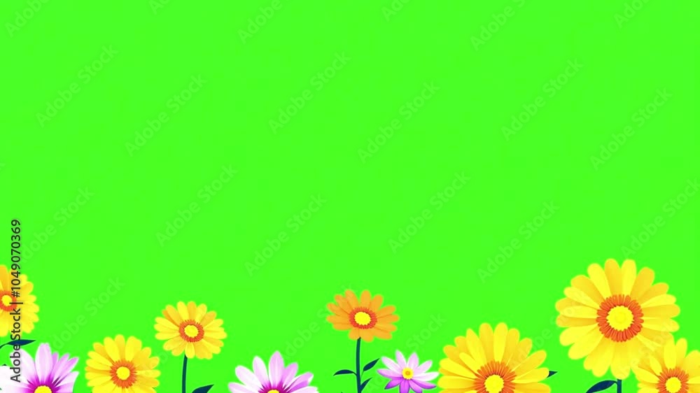 Colorful spring flowers on green screen. orange pink daisies. Floral ...