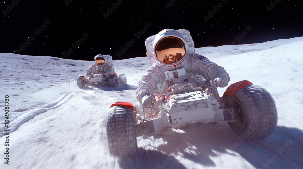 Astronauts driving lunar rovers on the moon's surface during a space ...
