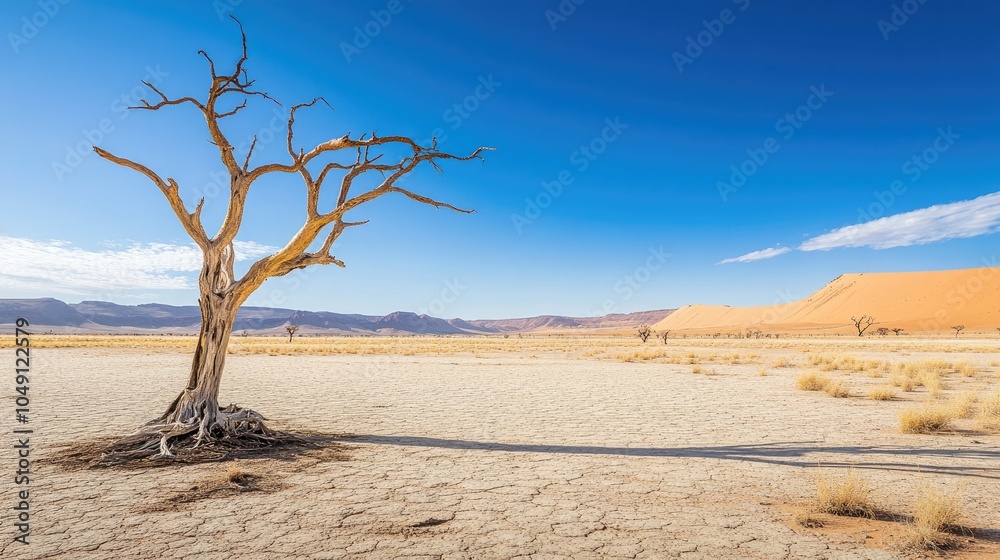A barren desert scene with a dried tree, symbolizing the harsh reality ...