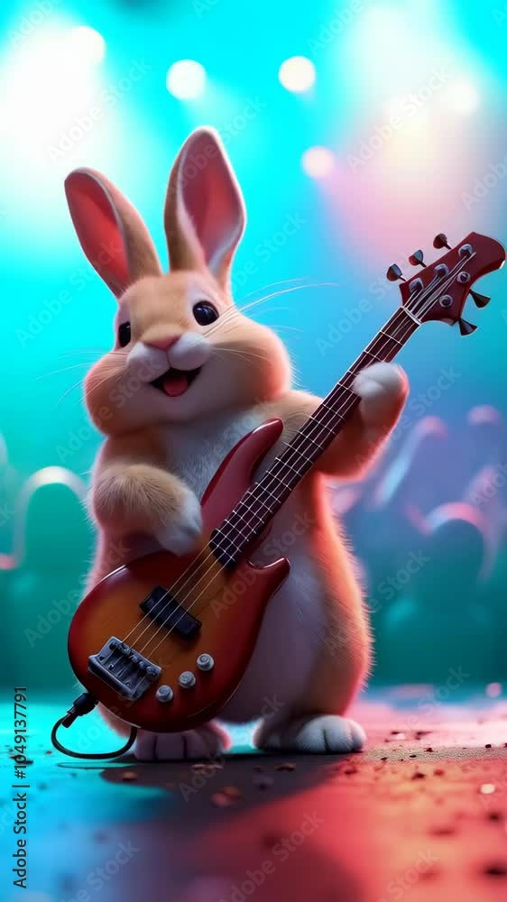 Cute cartoon rabbit playing a bass guitar on a colorful stage with ...
