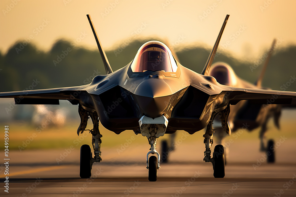 Fighter jets parked on the runway during golden hour at a military ...