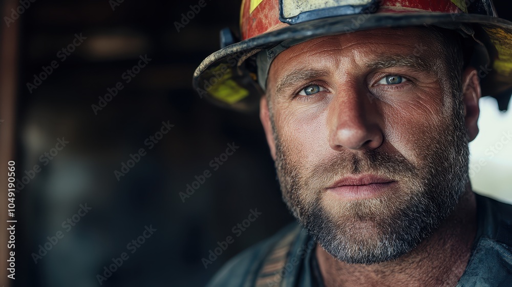 A firefighter, clad in a striking red and yellow helmet, stands ...