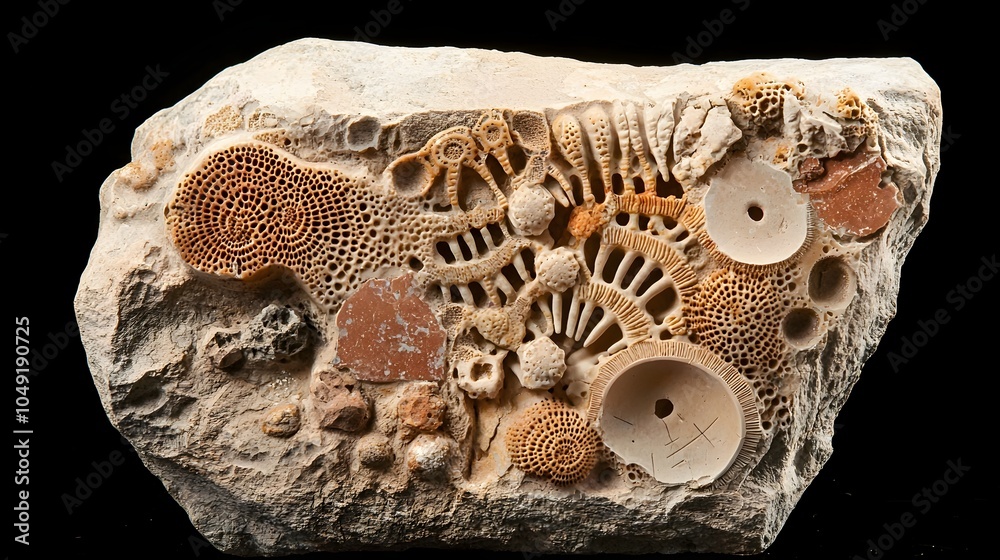 Close up view of a fossilized section of a crinoid stem revealing the ...