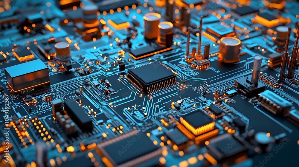 Close up view of electronic circuit board with microchips processors ...