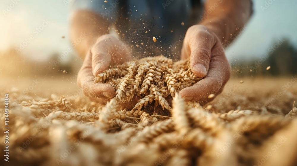 Two hands gently cradling wheat grains with dust particles softly ...