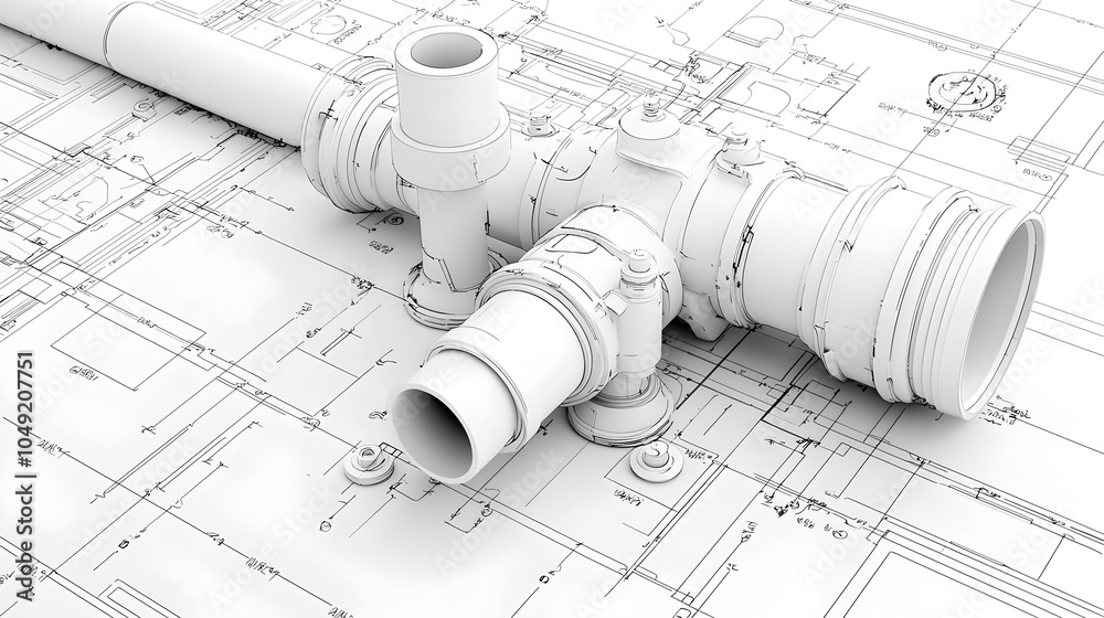 3D render of PVC pipes and joints in detailed plumbing blueprints or ...