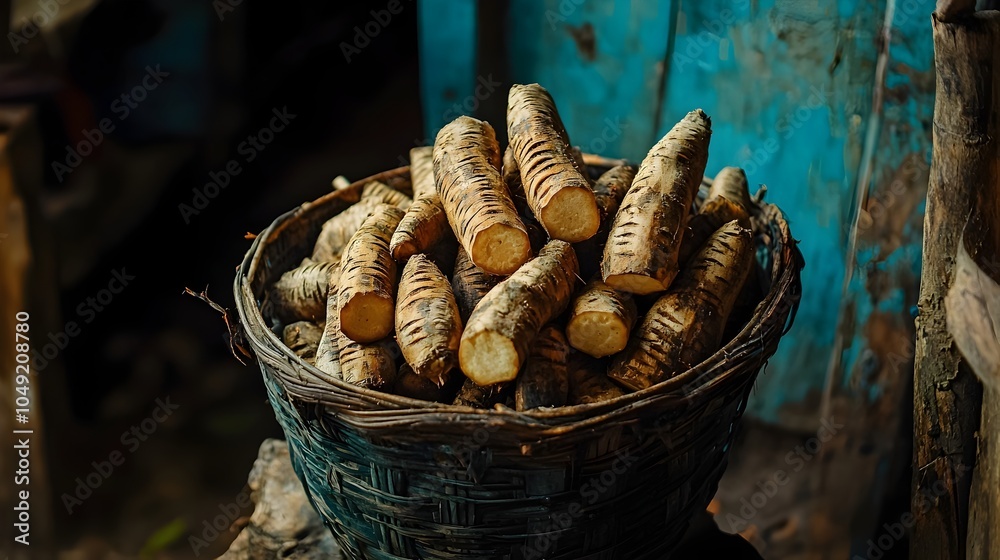 A wicker basket filled with peeled cassava popular starchy root ...