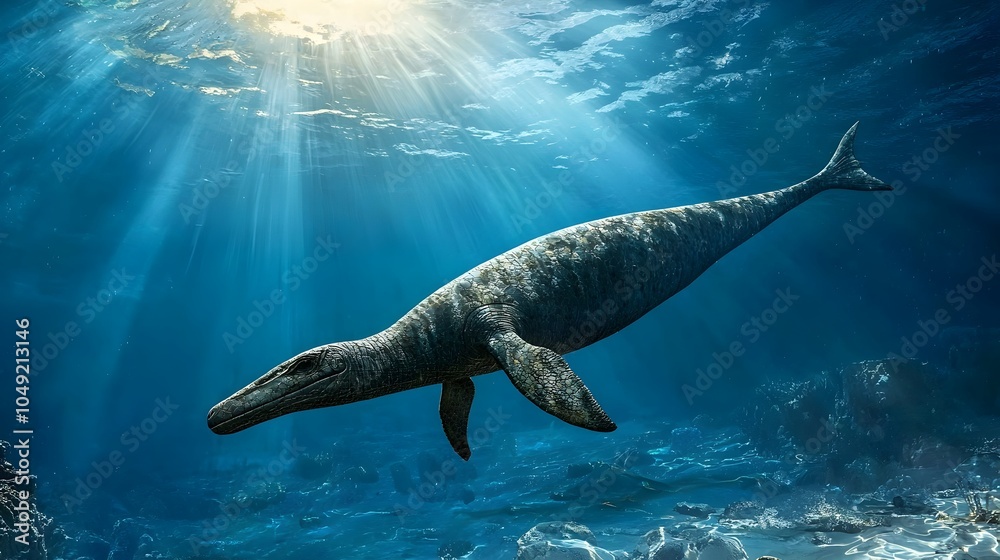 Detailed view of a well preserved plesiosaur fossil with its ...