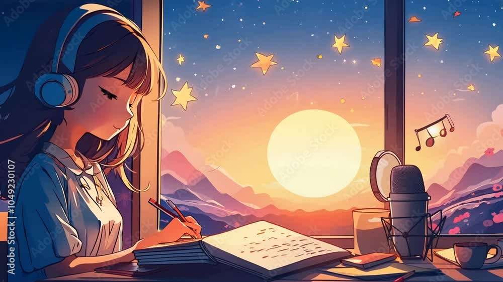 Studying Girl animation looping Animated ViewLofi Lofi Sunset woman hot ...