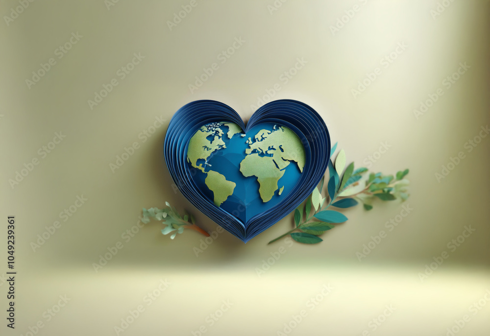 A blue paper heart with a green and blue world map inside, surrounded ...