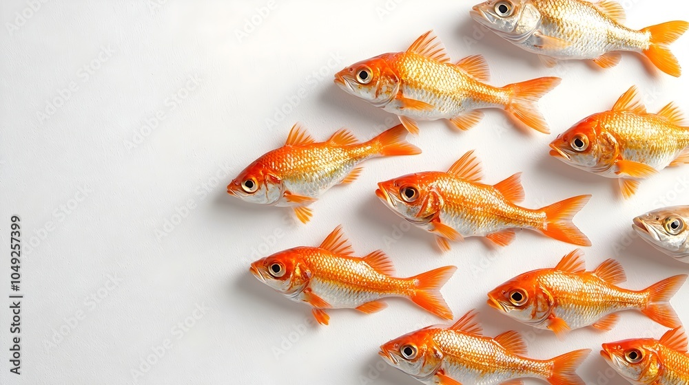 Symmetrically aligned small group of croaker fish displayed against a ...