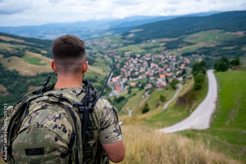 A soldier taking control of a military operation, directing troops and ...