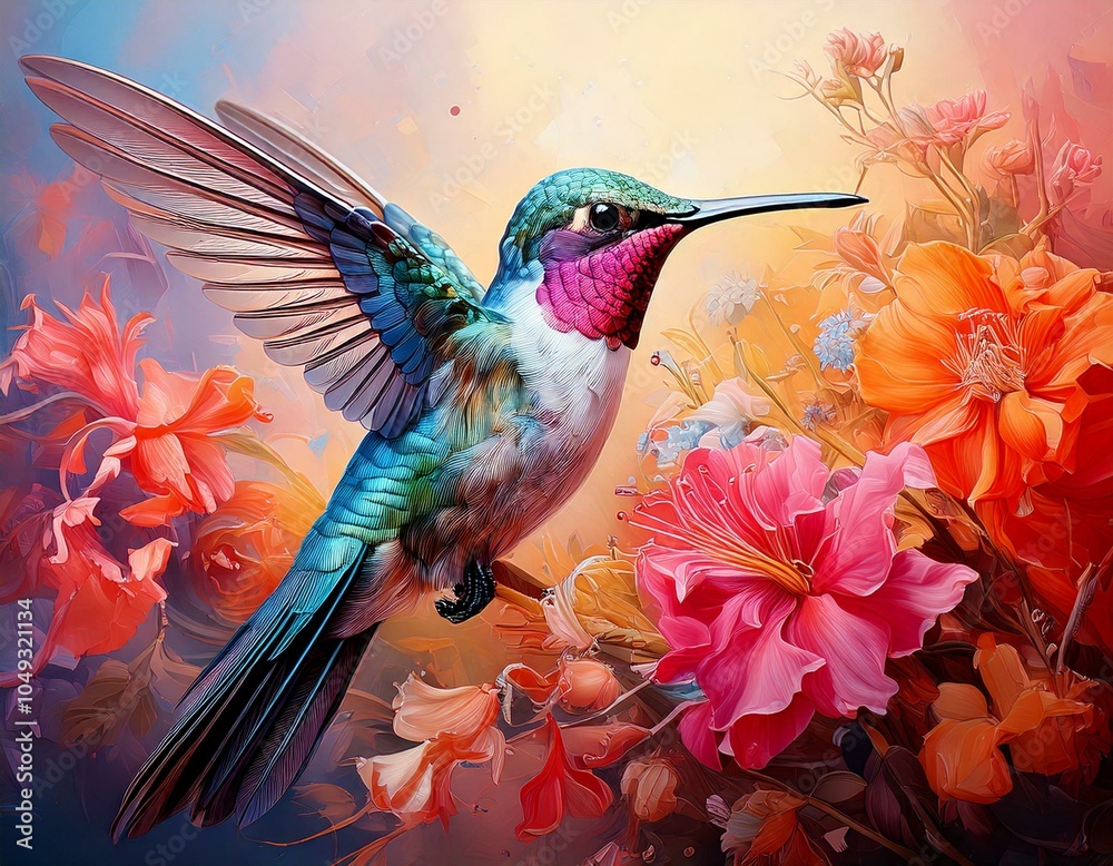 Pastel painting, hummingbird among flowers searching for food, pastel ...