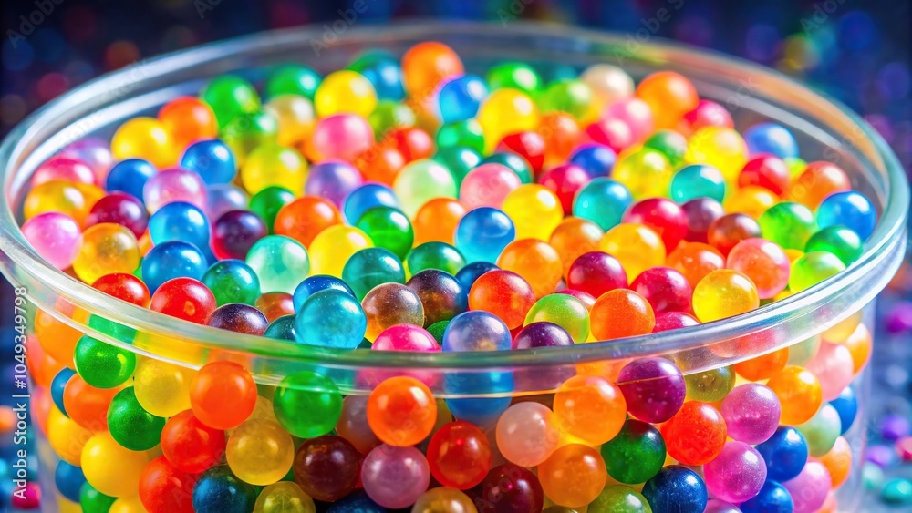 Piles of colorful slime balls in an amber-colored container, slime ...