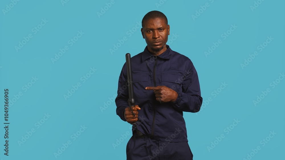 Portrait of security guard removing cane from belt while overseeing ...