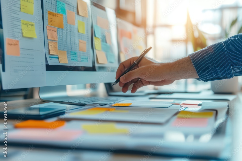 Hand writing on sticky note placed on computer screen. Office workspace ...