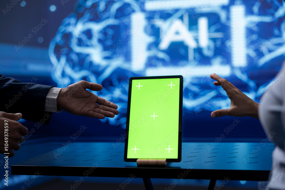 Admin running AI cognitive computing tech on chroma key tablet to ... Admin running AI cognitive computing tech on chroma key tablet to ...