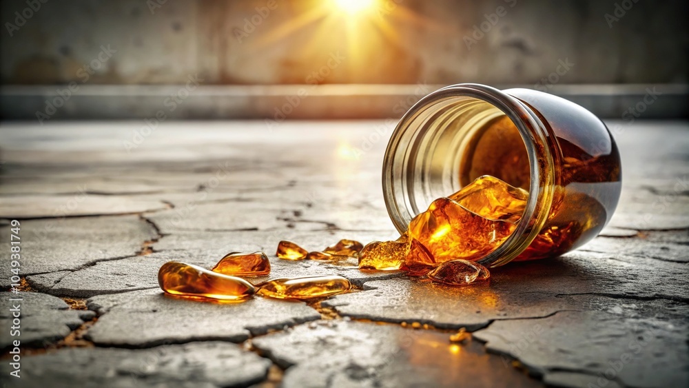 Glowing amber drips from a broken container onto a white floor with ...