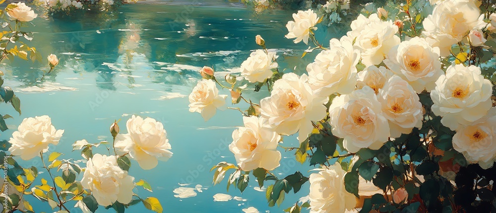 Artistic view of white Iceberg roses in a vibrant rose garden ...