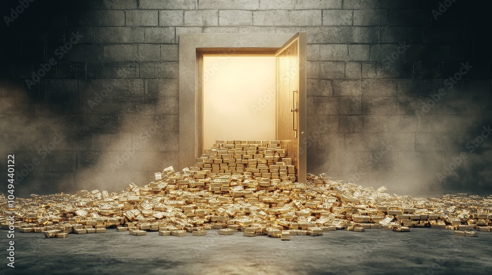 Vault Door Unveiling Wealth, A grand bank vault door swings open to reveal gleaming stacks of ...