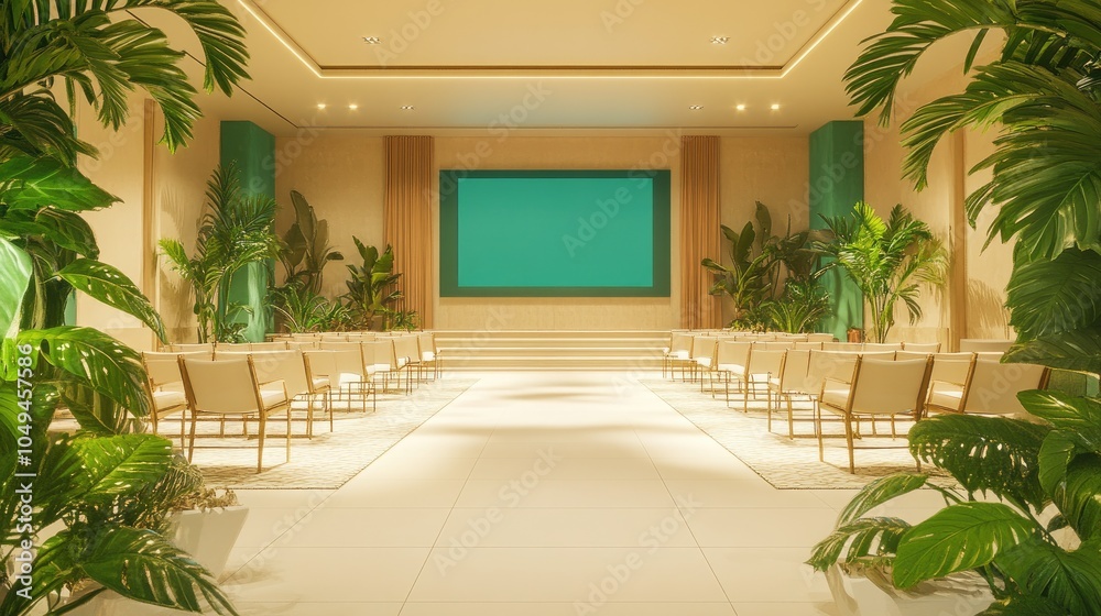 interior of a ball room or hall in a hotel with chairs and projector ...