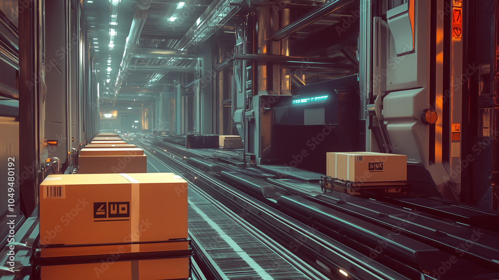 Carton boxes moving along a production line in an industrial ...