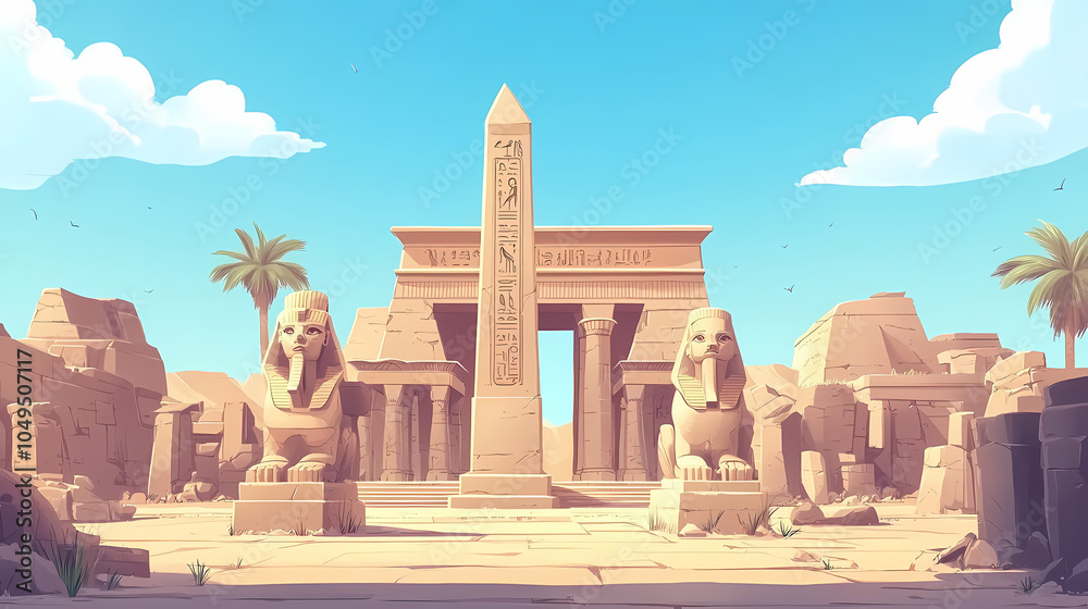 Ancient Egyptian Temple Ruins With Obelisks And Sphinx Statue Egyptian