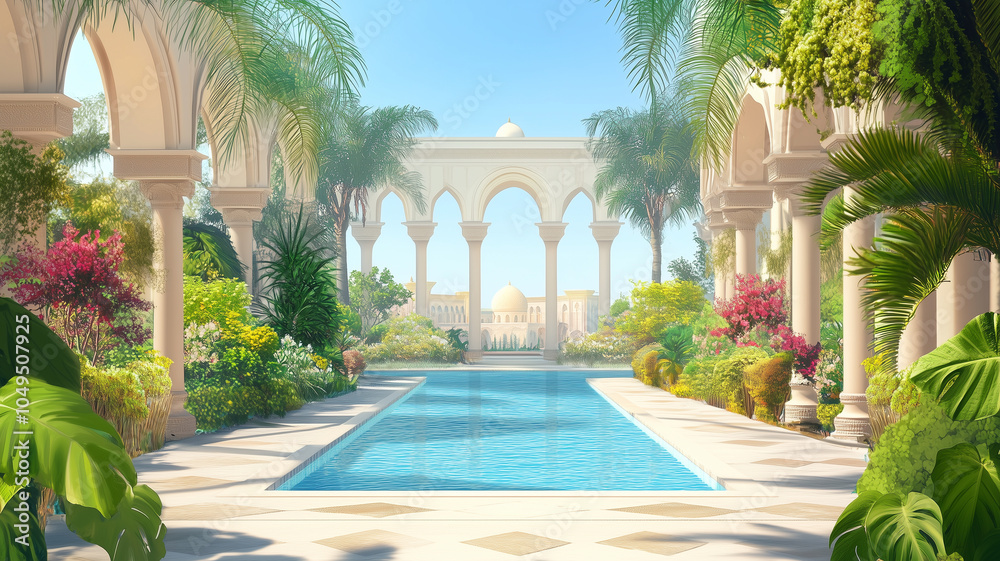 Luxury resort hotel holiday destination with arcade arc and pool for ...