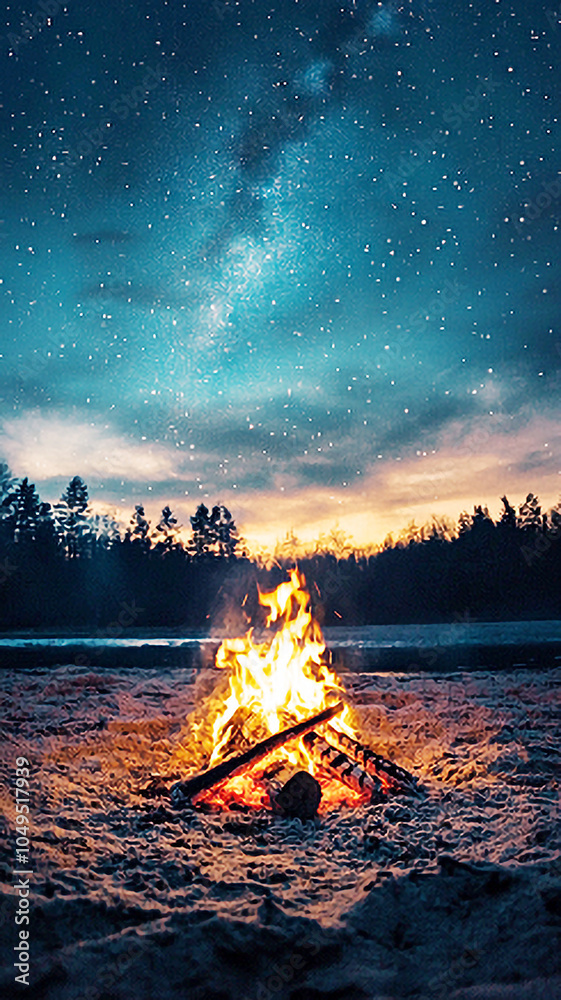 Cozy campfire burning under a starry night sky with the Milky Way ...
